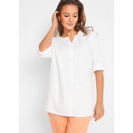 Langarmbluse bonprix "Bluse mit Leinen, 3/4 Arm", Damen, Gr. 56, wei&szlig;, Obermaterial: 55% Leinen, 45% Baumwolle, regular fit, Blusen, Regular Fit, f&uuml;r den Alltag, aus Leinen und Baumwolle