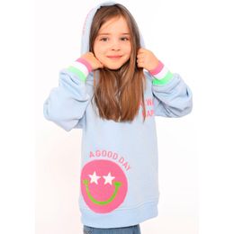 Hoodie Zwillingsherz "Always Happy" Kids", M&auml;dchen, Gr. 110/116, blau, Sweatware, Obermaterial: 50% Baumwolle, 50% Polyester, regular fit h&uuml;ftbedeckend, ohne Ausschnitt, angesetztes B&uuml;ndchen, Sweatshirts Hoodie, mit gro&szlig;em Smiley und neonfarbenen Details