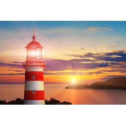 Fototapete papermoon "LEUCHTTURM-SONNENUNTERGANG WIESE MEER OZEAN K&Uuml;STE BERGE", bunt, B:5m L:2,8m, Vlies, Tapeten