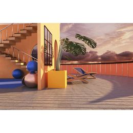 Fototapete papermoon "3D DESIGN-PALMEN und TERRASSE", bunt, B:4,5m L:2,8m, Vlies, Tapeten
