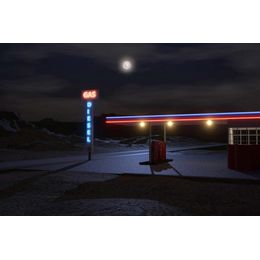 Fototapete papermoon "RETRO TANKSTELLE-ROUTE 66 3D DESIGN AUTOS MOTORRAD XXL", bunt, B:3,5m L:2,6m, Vlies, Tapeten