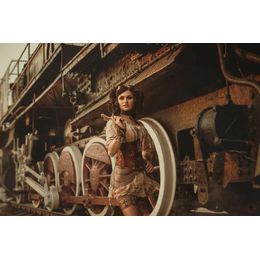 Fototapete papermoon "Steampunk Frau vor Zug", bunt, B:3,5m L:2,6m, Vlies, Tapeten