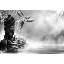 Fototapete papermoon "Buddah Figur mit Blume Schwarz & Wei&szlig;", schwarz (schwarz, wei&szlig;), B:4m L:2,6m, Vlies, Tapeten