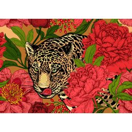 Fototapete papermoon "ABSTRAKT DESIGN-LEOPARD mit Blumen", bunt, B:4,5m L:2,8m, Vlies, Tapeten