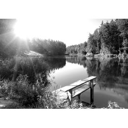 Fototapete papermoon "Wald mir Fluss Schwarz & Wei&szlig;", schwarz (schwarz, wei&szlig;), B:3,5m L:2,6m, Vlies, Tapeten
