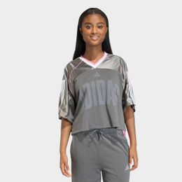 T-Shirt adidas Sportswear "W STA SEAS TEE", Damen, Gr. XL, grau six, ch solid grau, st tropic bloom, Obermaterial: 100% Polyester, V-Ausschnitt, Shirts T-Shirt