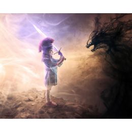 Fototapete papermoon "DRACHE U M&Auml;DCHEN-KAMP SURREAL FANTASIE ABSTRAKT DESIGN", bunt, B:3,5m L:2,6m, Vlies, Tapeten