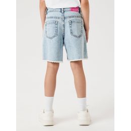 Jeansbermudas name it "NKFBELLA HW WIDE DNM SHORTS 1488-BE NOOS", M&auml;dchen, Gr. 128, N-Gr, blau (light blau bleached denim (blank)), Denim/Jeans, Obermaterial: 100% Baumwolle, Abriebeffekte, unifarben, relaxed fit ca. Mitte Oberschenkel, Jeans, Baumwolle, ausgefranster Saum