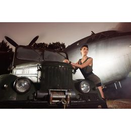 Fototapete papermoon "JEEP-FLUGZEUG VINTAGE RETRO AUTO OLDTIMER MODEL USA", bunt, B:3,5m L:2,6m, Vlies, Tapeten