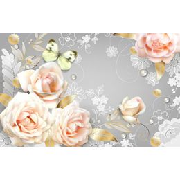 Fototapete papermoon "Blumen mit Schmetterling", bunt, B:4,5m L:2,8m, Vlies, Tapeten