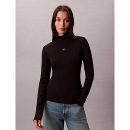 Shirttop Calvin Klein Jeans "LS WOVEN LABEL TURTLENECK", Damen, Gr. XXS (34), schwarz, Web, Obermaterial: 94% Baumwolle, 6% Elasthan, unifarben, regular fit normal, Rundhals, eingesetzt gerader Abschluss, Tops Shirttop, Mit Rundhalsausschnitt, regular fit
