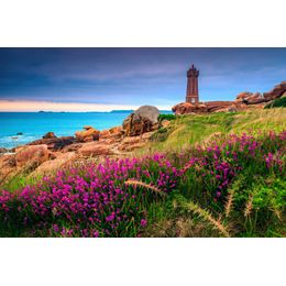 Fototapete papermoon "LEUCHTTURM-BRETAGNE BLUMEN WIESE MEER OZEAN K&Uuml;STE BERGE", bunt, B:5m L:2,8m, Vlies, Tapeten