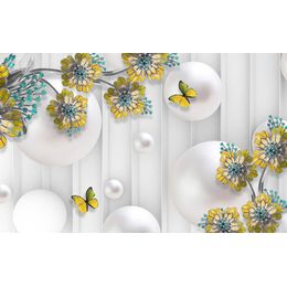 Fototapete papermoon "Abstrakt 3D Effekt mit Blumen und Schmetterlingen", bunt, B:4,5m L:2,8m, Vlies, Tapeten