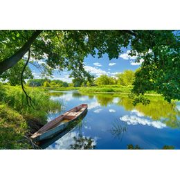 Fototapete papermoon "FR&Uuml;HLINGS-LANDSCHAFT-FLUSS BOOT B&Auml;UME STRAND UFER WALD", bunt, B:5m L:2,8m, Vlies, Tapeten