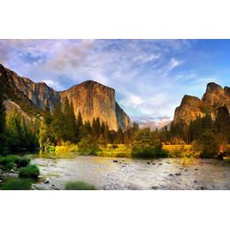 Fototapete papermoon "YOSEMITE TAL-GEBIRGE BLUME BERGE SONNE WALD FLUSS FELSE", bunt, B:5m L:2,8m, Vlies, Tapeten