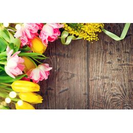 Fototapete papermoon "HOLZ-WAND-BLUMEN DEKOR TULPEN MIMOSEN ABSTRAKT FANTASIE", bunt, B:4,5m L:2,8m, Vlies, Tapeten