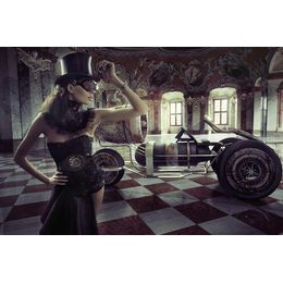 Fototapete papermoon "STEAMPUNK-FRAU SEXY FANTASIE SURREAL KUNST RETRO AUTO", bunt, B:4m L:2,6m, Vlies, Tapeten