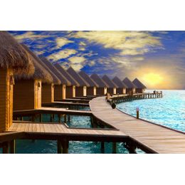 Fototapete papermoon "MALDIVEN-STEG MEER STRAND INSEL SONNE BR&Uuml;CKE WOLKEN SEE", bunt, B:3,5m L:2,6m, Vlies, Tapeten