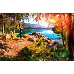 Fototapete papermoon "Bergsee Malerei", bunt, B:4,5m L:2,8m, Vlies, Tapeten