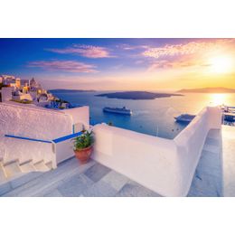 Fototapete papermoon "TERRASSE-SANTORINI SEE MEER STRAND PALMEN D&Uuml;NEN SCHIFFE", bunt, B:5m L:2,8m, Vlies, Tapeten