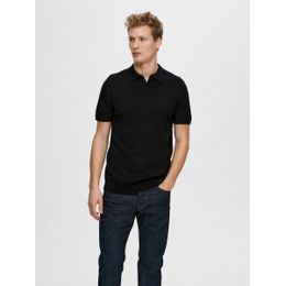Poloshirt Selected "SLHBERG SS KNIT POLO NOOS", Herren, Gr. M, schwarz, Strick, Obermaterial: 100% Baumwolle, unifarben, regular fit, Shirts, aus Feinstrick