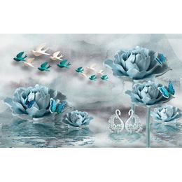 Fototapete papermoon "Blumen mit V&ouml;geln wei&szlig; blau", bunt, B:5m L:2,8m, Vlies, Tapeten