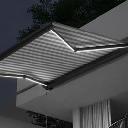 Kassettenmarkise Curve LED | 5 x 3,5 m, anthrazit, Stoff: grau-wei&szlig;, Blockstreifen