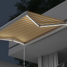 Kassettenmarkise Curve LED | 4 x 3 m, wei&szlig;, Stoff: gelb-wei&szlig;, Blockstreifen