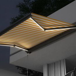 Kassettenmarkise Curve LED | 3,5 x 3 m, anthrazit, Stoff: gelb-wei&szlig;, Blockstreifen