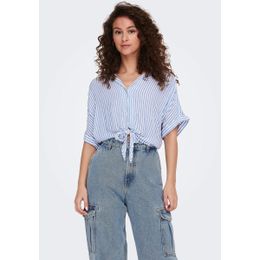Kurzarmbluse Only "ONLPAULA LIFE S/S TIE SHIRT WVN NOOS", Damen, Gr. XS, blau (cloud dancer stripes:blau stripes), Web, Obermaterial: 100% Viskose, gestreift, regular fit normal, V-Ausschnitt, Blusen, Viskose, regular fit