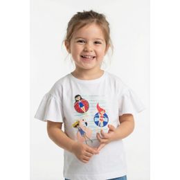 T-Shirt Blue Seven, M&auml;dchen, Gr. 128, wei&szlig;, Single Jersey, Obermaterial: 100% Baumwolle, bedruckt, unifarben, Basic normal, Rundhals, Volant, Shirts T-Shirt