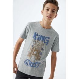 T-Shirt name it "NKMBENT SS NREG TOP BOX", Jungen, Gr. 146/152, grau melange, Jersey, Obermaterial: 100% Baumwolle, bedruckt, normal normal, Rundhals, Shirts T-Shirt