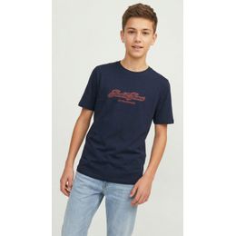 Jack & Jones T-Shirt JACK & JONES JUNIOR "JORCATSKILLS TEE SS CN FST JNR", Jungen, Gr. 128, sky captain, Single Jersey, Obermaterial: 100% Baumwolle, bedruckt, regular fit normal, Rundhals, Shirts T-Shirt