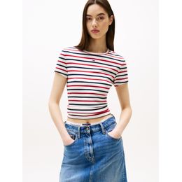 Kurzarmshirt Tommy Jeans "TJW ESSENTIAL RIB SHORT SLEEVE EXT", Damen, Gr. XL (42), wei&szlig; (wei&szlig;, rot, navy stripe), Single Jersey, Obermaterial: 95% Baumwolle, 5% Elasthan, gestreift, slim fit h&uuml;ftlang, Rundhals, abgesteppte Kante, Shirts, Baumwollmischung in gerippter Struktur, Slim Fit