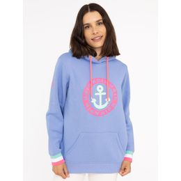 Hoodie Zwillingsherz, Damen, Gr. S/M, jeans, Sweatware, Obermaterial: 50% Baumwolle, 50% Polyester, unifarben mit Farbeins&auml;tzen, normal h&uuml;ftlang, hoch geschlossener Ausschnitt, B&uuml;ndchen, Sweatshirts Hoodie, Langarm, Kapuze, Neon-Details, Kordelzug, Frontprint, K&auml;ngurutasche