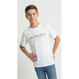 Jack & Jones T-Shirt JACK & JONES JUNIOR "JJDEVIN DAYTONA PRINT TEE SS CN JNR", Jungen, Gr. 128, hellwei&szlig;, Single Jersey, Obermaterial: 100% Baumwolle, bedruckt, unifarben, regular fit normal, Rundhals, Shirts T-Shirt, mit Logoprint
