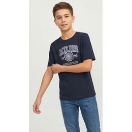 Jack & Jones T-Shirt JACK & JONES JUNIOR "JJMAKO TEE SS CREW NECK JNR", Jungen, Gr. 140, sky captain, Single Jersey, Obermaterial: 100% Baumwolle, bedruckt, unifarben, relaxed fit normal, Rundhals, Shirts T-Shirt, mit coolem Frontprint