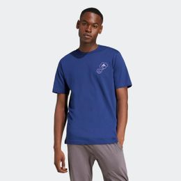 T-Shirt adidas Sportswear "LOUNGE VERBIAGE CIRCLE GRAPHIC", Herren, Gr. XXL, blau (dunkelblau), Obermaterial: 100% Baumwolle, Rundhals, Shirts T-Shirt, lockere Passform, mit sportlichem Grafikprint, ohne Verschluss