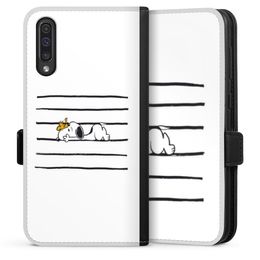 DeinDesign Galaxy A50 Handy Klapph&uuml;lle Handyh&uuml;lle aus Kunst Leder schwarz Flip Case Snoopy Dog Peanuts Sideflip mit Lasche