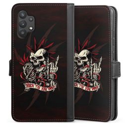 DeinDesign Galaxy A32 4G Handy Klapph&uuml;lle Handyh&uuml;lle aus Kunst Leder schwarz Flip Case Rock Totenkopf Music Sideflip mit Lasche
