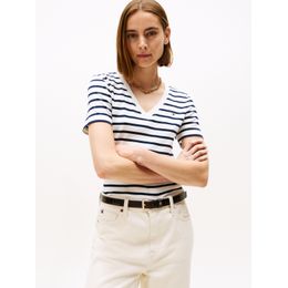 T-Shirt Tommy Hilfiger "CODY V-NECK SHORT SLEEVE", Damen, Gr. M (38), blau (breton, ecu, schwarz night navy), Jersey, Obermaterial: 100% Baumwolle, unifarben, slim fit h&uuml;ftlang, tiefer V-Ausschnitt, abgesteppte Kante, Shirts T-Shirt, mit V-Ausschnitt, Baumwolle, Slim Fit