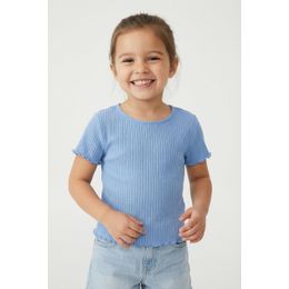 T-Shirt KIDS Only "KOGNELLA S/S O-NECK TOP NOOS JRS", M&auml;dchen, Gr. 110/116, blau (open air), Jersey, Obermaterial: 65% Polyester, 30% Viskose, 5% Elasthan, unifarben, regular fit kurz, Rundhals, gewellter Abschluss, Shirts T-Shirt, mit s&uuml;&szlig;er Wellenkante