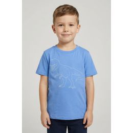 T-Shirt Tom Tailor, Jungen, Gr. 116/122, blau (soft mid blau), Jersey, Obermaterial: 100% Baumwolle, bedruckt, regular fit taillenbedeckt, Rundhals, gerader Abschluss, Shirts T-Shirt, mit in der Nacht leuchtendem Dino-Print