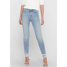 Ankle-Jeans Only "ONLBLUSH MID SK ANK RAW", Damen, Gr. XS (34), L&auml;nge 34, blau (light blau denim), Denim/Jeans, Obermaterial: 92% Baumwolle, 6% Elastomultiester, 2% Elasthan, unifarben, kn&ouml;chellang, Jeans, mit leicht ausgefranstem Beinabschluss
