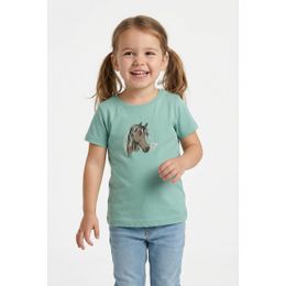 T-Shirt Blue Seven, M&auml;dchen, Gr. 110, gletscher, Single Jersey, Obermaterial: 100% Baumwolle, bedruckt, unifarben, Basic normal, Rundhals, Shirts T-Shirt, mit tollen Pferdemotiven