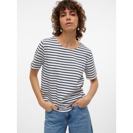 V&eacute;ro Moda Rundhalsshirt VERO MODA "VMABBY SS ZIP TOP JRS NOOS", Damen, Gr. M, blau (snow wei&szlig; stripes:navy blazer), Jersey, Obermaterial: 77% Polyester, 19% Viskose, 4% Elasthan, gestreift, normal, Rundhals, Shirts Rundhalsshirt, Materialmix, regular fit
