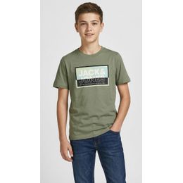 Jack & Jones T-Shirt JACK & JONES JUNIOR "JCOLOGAN SS24/25 TEE SS CREW NECK JNR", Jungen, Gr. 128, aqua gray, Single Jersey, Obermaterial: 100% Baumwolle, bedruckt, regular fit normal, Rundhals, Shirts T-Shirt
