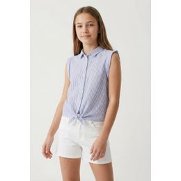 Kurzarmbluse name it "NKFFEMMA CAPSL SHIRT NOOS", M&auml;dchen, Gr. 158 (164), blau (dusty blau), Web, Obermaterial: 100% Baumwolle, gestreift, regular fit normal, Umschlagsaum, Blusen, mit Knotendetail vorne am Saum