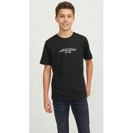 Jack & Jones T-Shirt JACK & JONES JUNIOR "JCOMINERAL SMALL FRONT PRINT TEE SS JNR", Jungen, Gr. 128, schwarz, Single Jersey, Obermaterial: 100% Baumwolle, bedruckt, relaxed fit normal, Rundhals, Shirts T-Shirt
