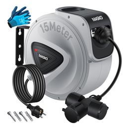 Masko&reg; Automatik Kabeltrommel Verl&auml;ngerungskabel mit 3-Fach Anschluss 180&deg; drehbar 1,5m Zuleitung Wandhalterung Werkstatt Kabelaufroller Automatisch Stromtrommel Schlauchaufroller Inkl. Handschuhe